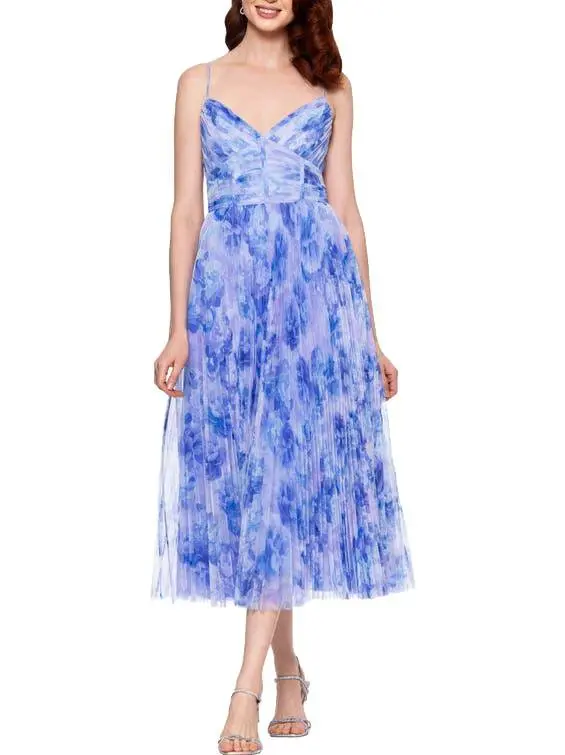 Betsy & Adam Floral Print Corset Bodice Tulle Midi Cocktail Dress - Midi Tulle Corset Dress
