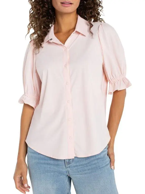 LIVERPOOL Knit Snap-up Shirt With Puff Sleeves - Pink