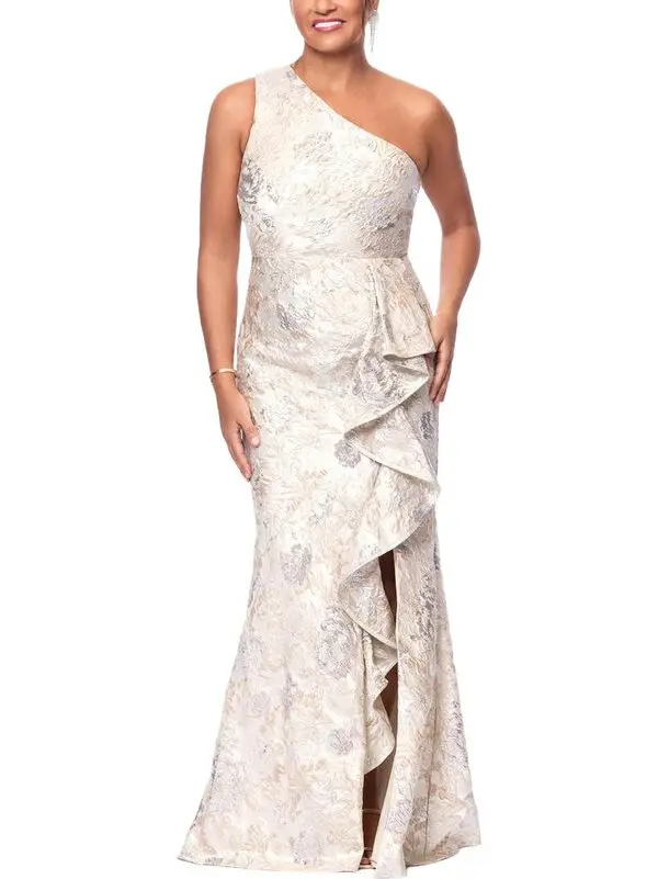 XSCAPE EVENINGS Metallic Floral Jacquard One-shoulder Gown - Champagne