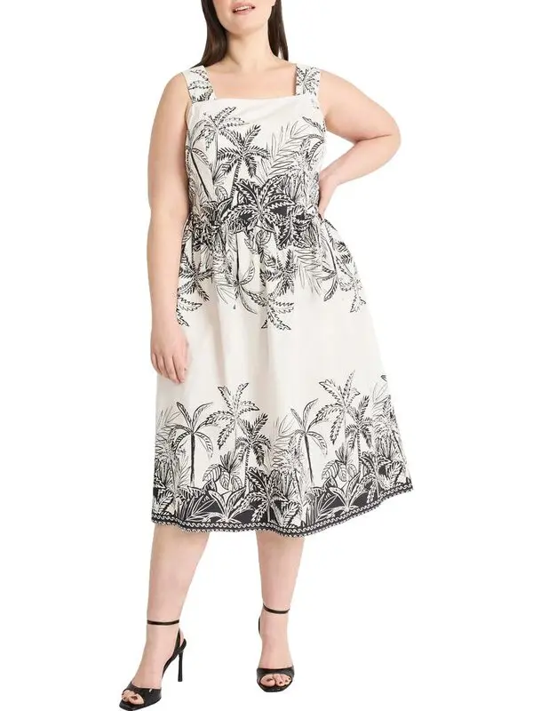 Maggy London Tropical Print Fit & Flare Midi Dress - Black/ White