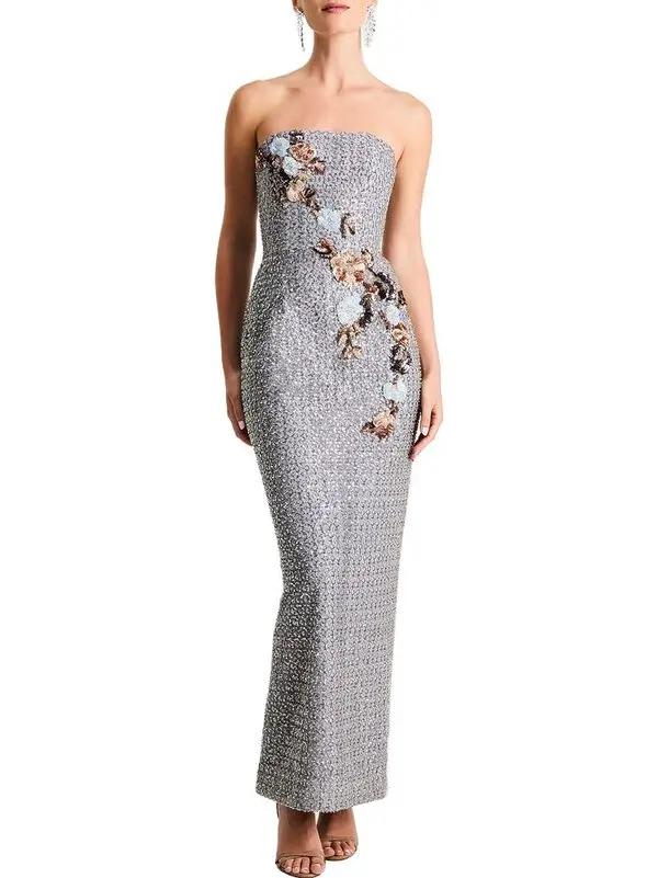 HELSI Silvia Floral Sequin Strapless Cocktail Dress - Platinum