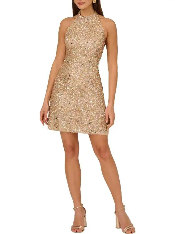 Adrianna Papell Beaded Halter Neck Minidress - Blush Multi