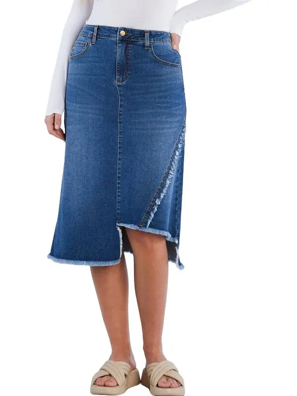 WASH LAB DENIM Fray Two Step Denim Skirt - Flounce Blue