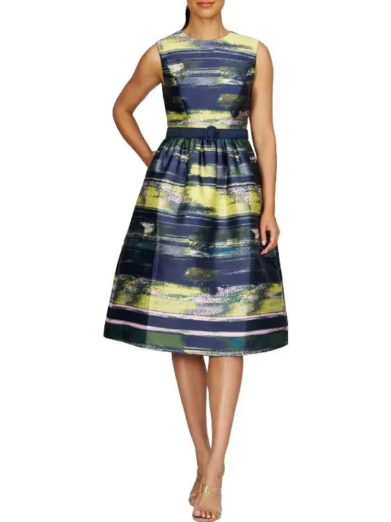 KAY UNGER Spencer Belted Cocktail Dress - Navy/ Pink Pearl Multi