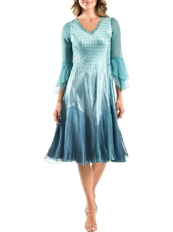 Komarov Bell Sleeve Charmeuse & Chiffon Cocktail Dress - Marine Night Ombre