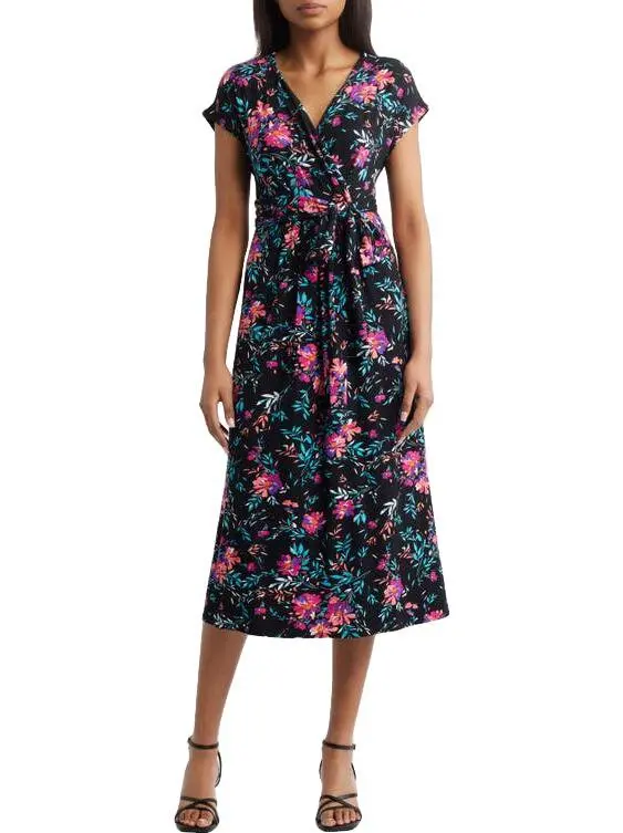 Loveappella Floral Print Faux Wrap Midi Dress - Black/ Fuchsia
