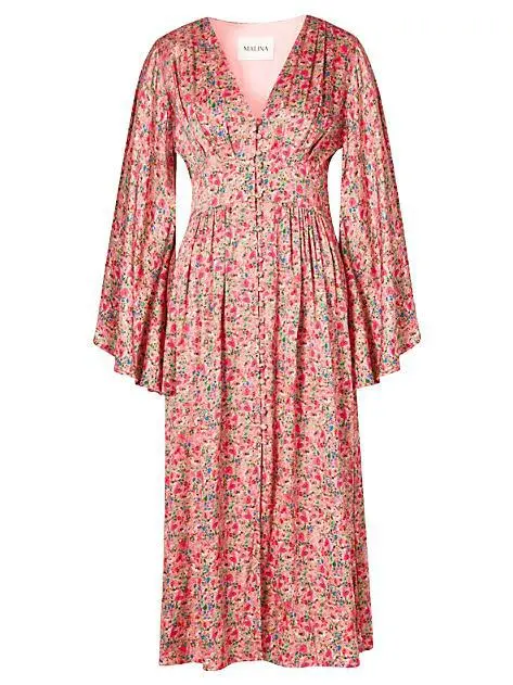 MALINA Auden V-neck Floral Satin Midi Dress - Pink Ditsy