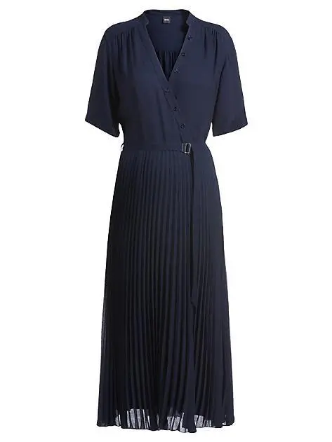 BOSS V-neck Pleated-skirt Woven Midi Dress - Dark Blue