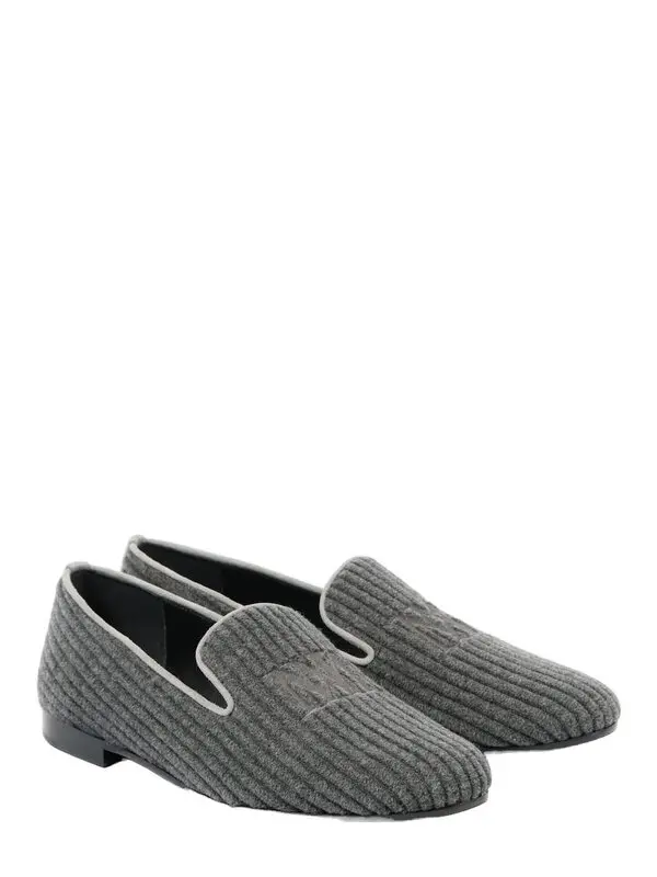 Max Mara Logo Embroidered Velvet Corduroy Loafers - Grey
