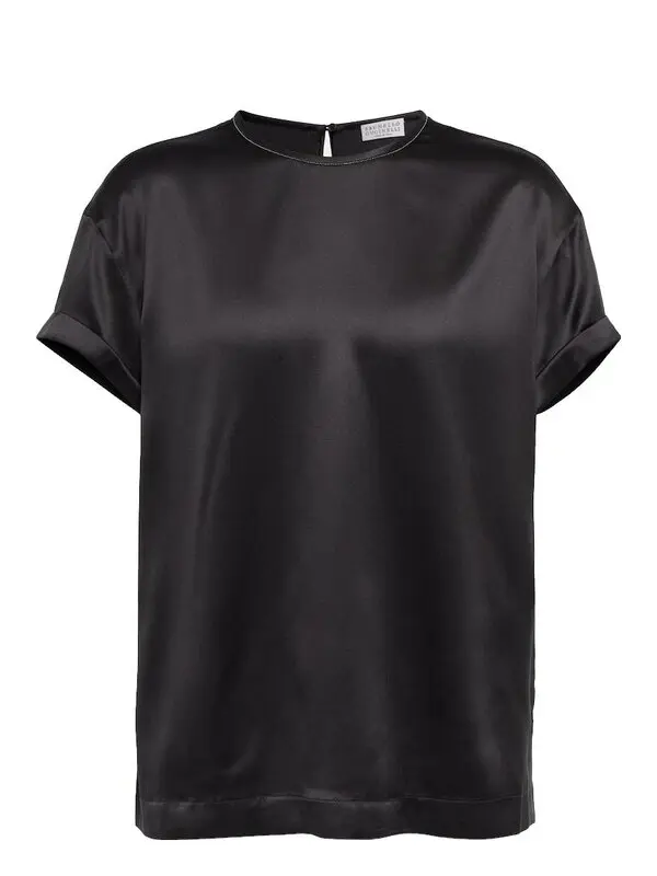 Brunello Cucinelli Embellished Silk-blend Satin T-shirt - Black