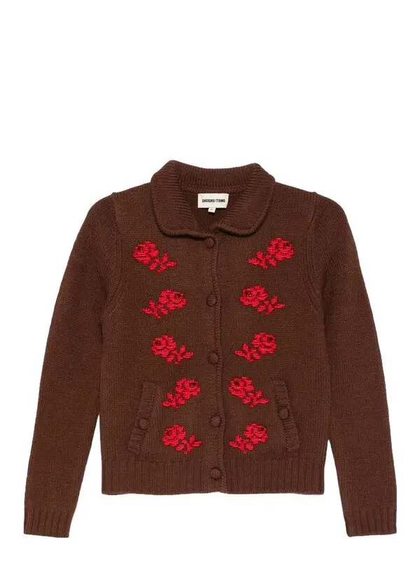 SHUSHU/TONG Floral Embellished Buttoned Sweater - Brown