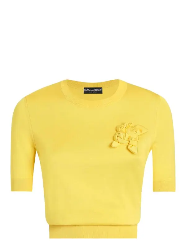 Dolce & Gabbana Short-sleeved Silk Knit Sweater With Floral Embellishment - Yellow