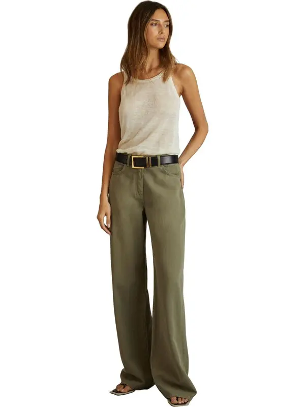 REISS Colorado Garment-dyed Wide Leg Trousers - Khaki