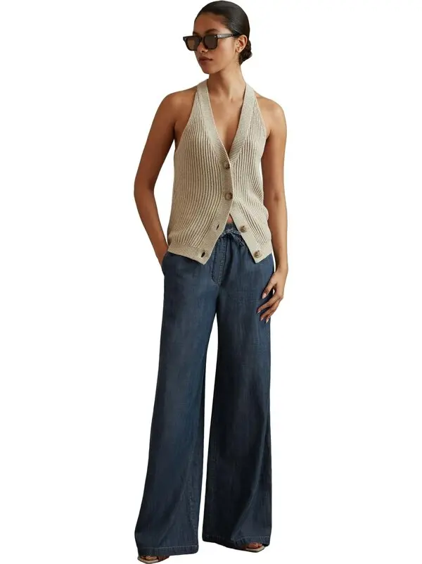REISS Carter Denim Look Wide Leg Trousers - Mid Blue