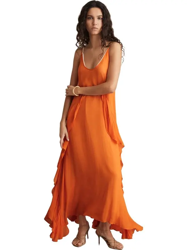 REISS Eden Ruffle Detail Maxi Dress - Orange