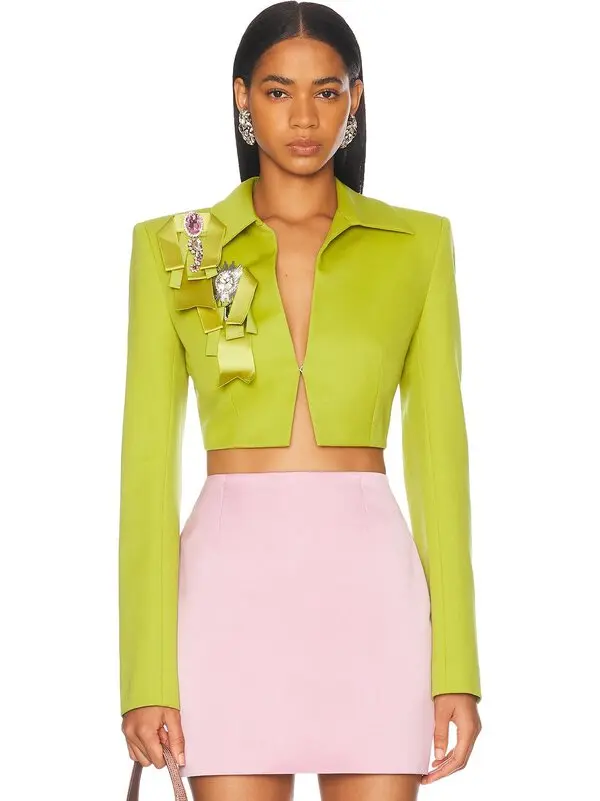 AREA Crystal Embellished Bow Cropped Jacket - Chartreuse