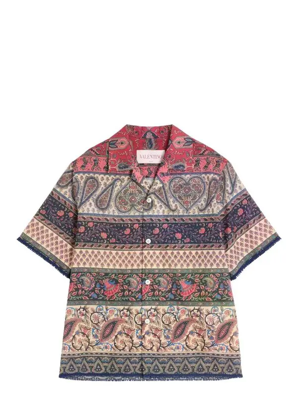 Valentino Garavani Bowling Shirt In Cotton Muslin With Voyage Imaginaire Print And Passementerie Trims - Blue