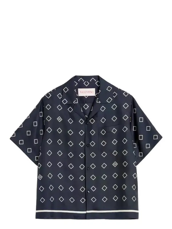 Valentino Garavani Silk Twill Bowling Shirt With Opticool Print - Blue