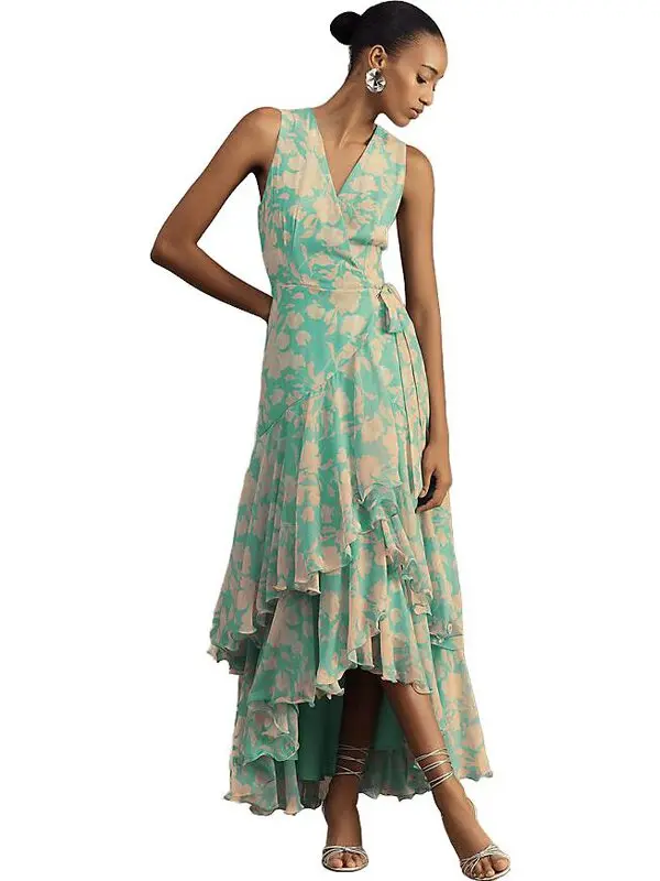 HUTCH Trity Ruffled Chiffon Wrap Maxi Dress - Teal Floral