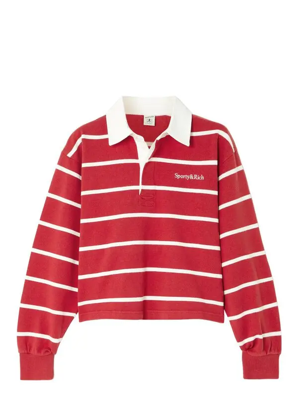 SPORTY & RICH Serif Rugby Logo-embroidered Striped Cotton-jersey Polo Shirt - Red