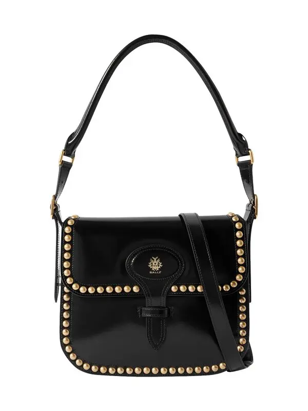Bally Beckett Flat Medium Studded Glossed-leather Shoulder Bag - Black