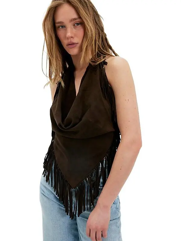 UNDERSTATED LEATHER Madi Fringe Halter Top - Chicory Coffee