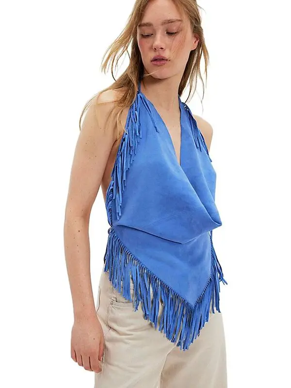 UNDERSTATED LEATHER Madi Fringe Halter Top - Palace Blue