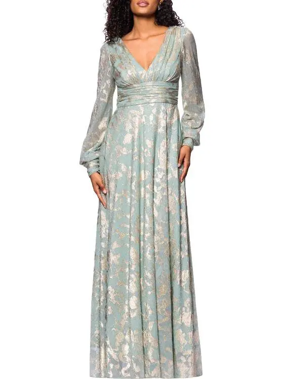 Betsy & Adam Foil Pattern Long Sleeve Gown - Sage/ Gold