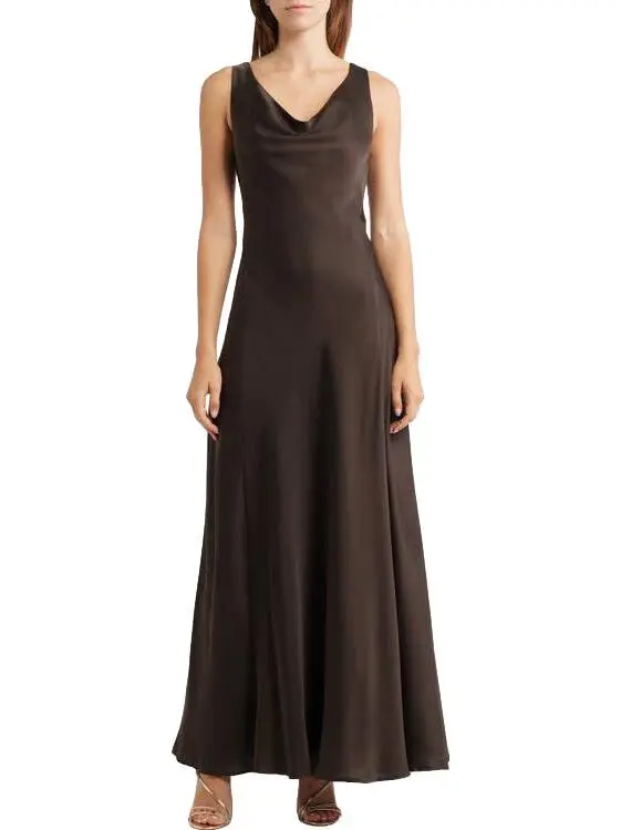 WAYF Tala Cowl Neck Satin Gown - Dark Espresso