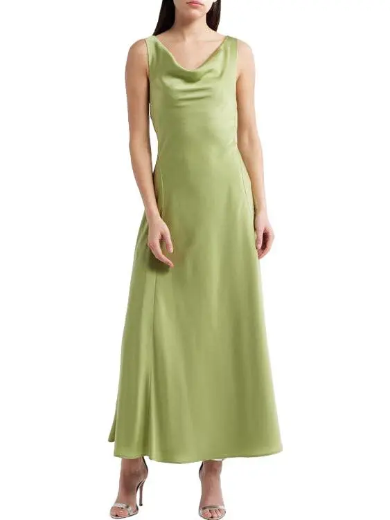 WAYF Tala Cowl Neck Satin Gown - Olive