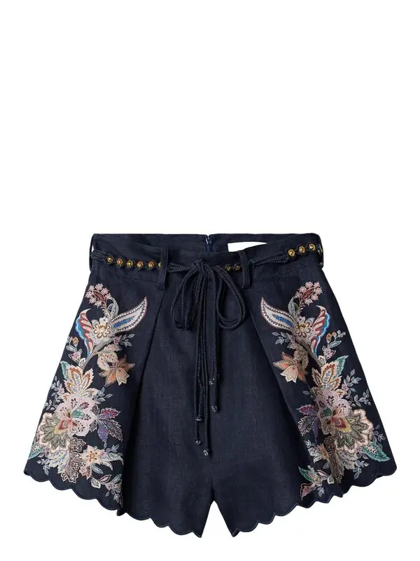 Zimmermann Rhiannon Floral-print Linen Shorts With Belt - Blue