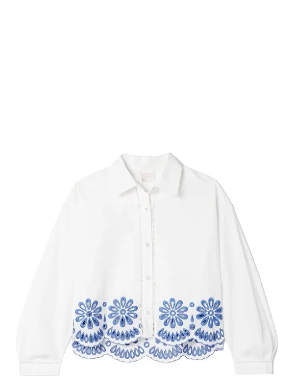 Loretta Caponi Assia Cropped Broderie Anglaise-trimmed Cotton-voile Shirt - White
