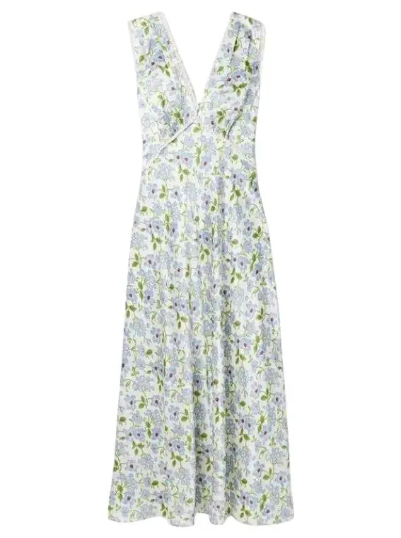 DÔEN Tahlia Floral-print Silk-charmeuse Midi Dress With Lace Trim - Blue