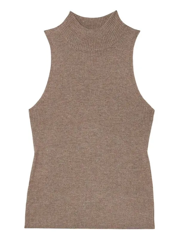 Brunello Cucinelli Metallic Ribbed-knit Turtleneck Tank - Brown