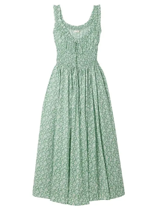 DÔEN Emmaretta Floral-print Organic Cotton-voile Midi Dress - Green