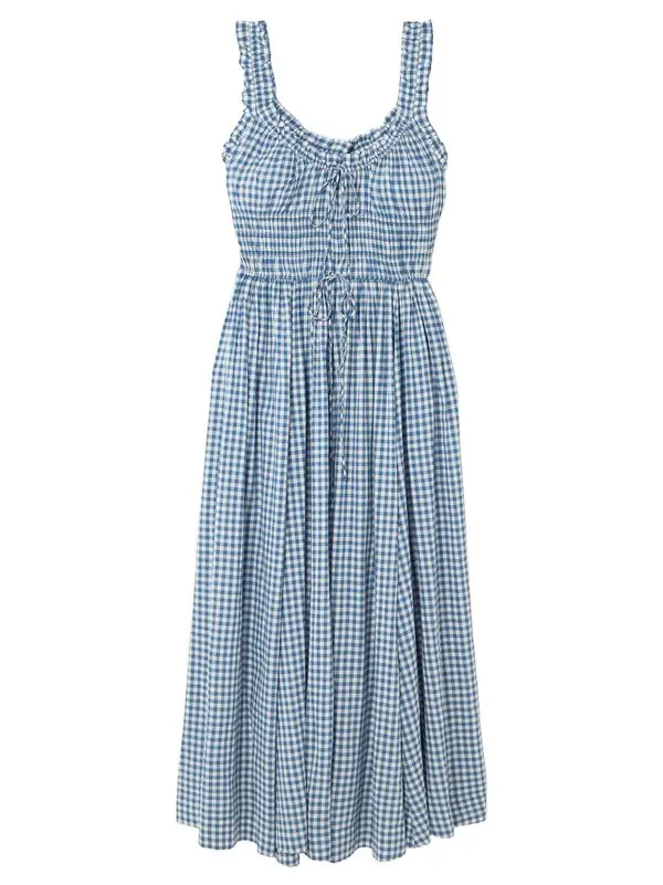 DÔEN Emmaretta Checked Organic Cotton-blend Voile Midi Dress - Blue