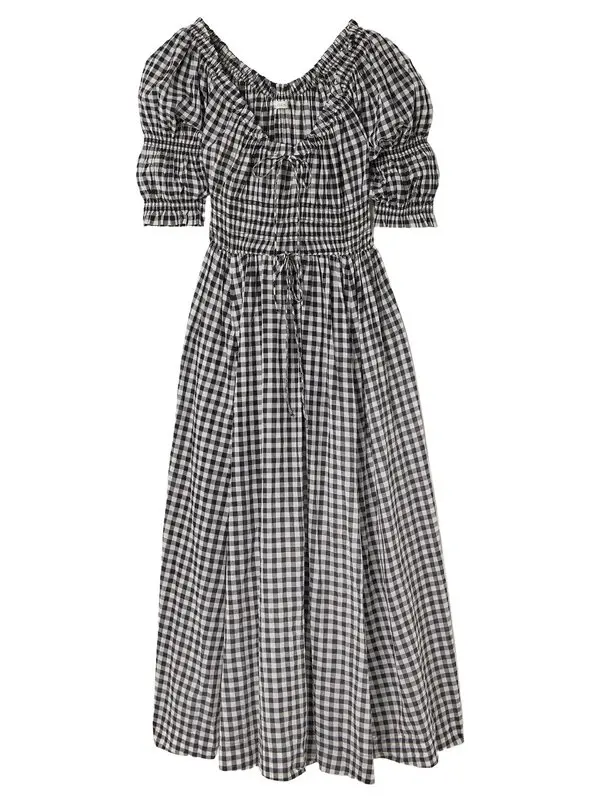 DÔEN Ischia Shirred Gingham Cotton-voile Midi Dress - Black