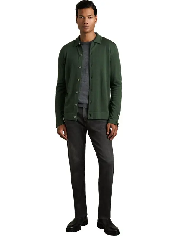REISS Forbes Merino Wool Button-through Cardigan - Dark Kale Green