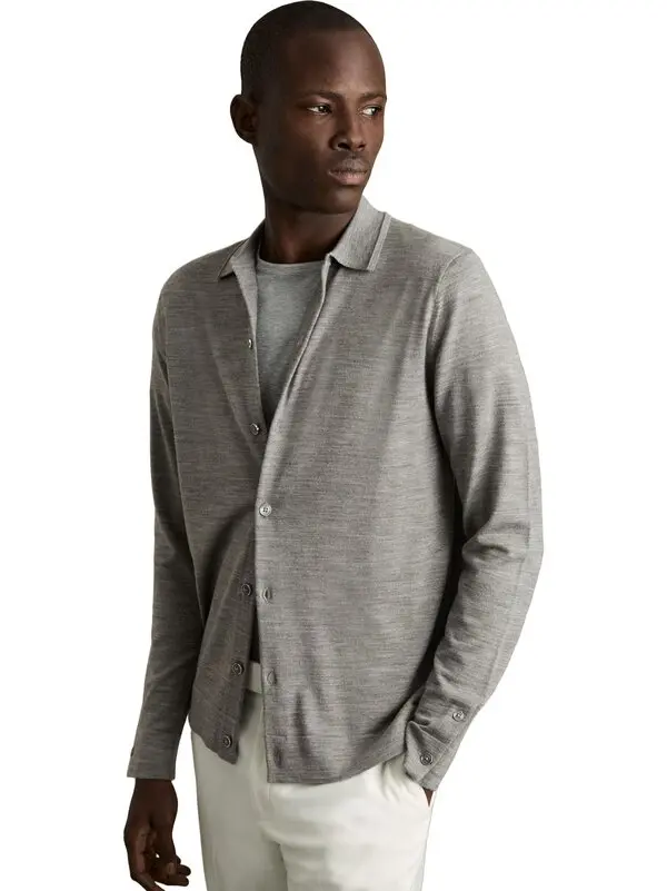 REISS Forbes Merino Wool Button-through Cardigan - Warm Grey Melange