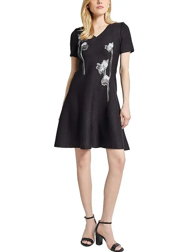 Misook Fit And Flare Embroidered Dress - Black/white