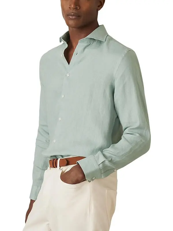 REISS Ruban Long Sleeve Button Front Linen Shirt - Ocean Green