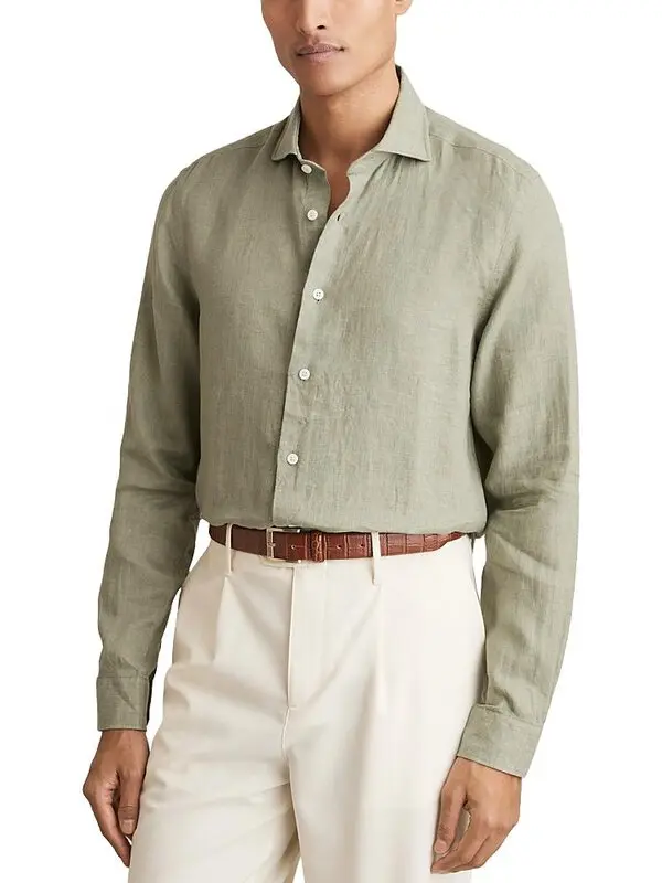 REISS Ruban Long Sleeve Button Front Linen Shirt - Thyme Green