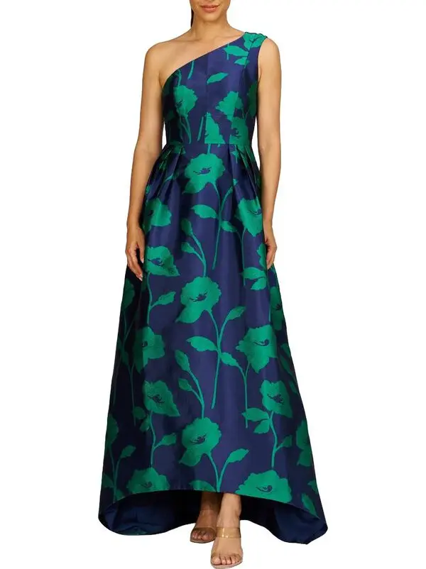 KAY UNGER Tiara Floral-print One-shoulder Gown - Navy/ Emerald