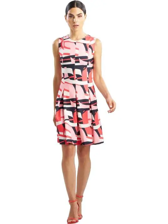 Natori Abstract Lines Sleeveless Pleated Dress - Cayenne