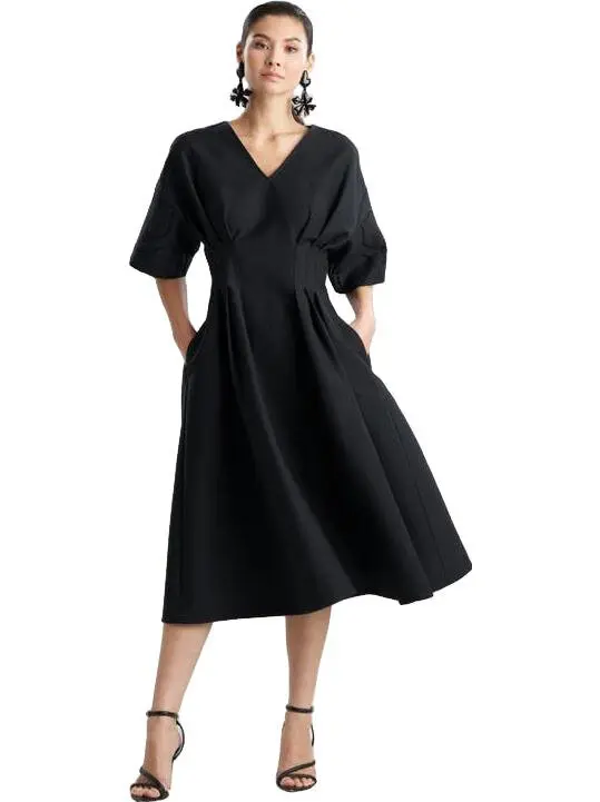 Natori Canvas V-neck Pleated Dress - Black