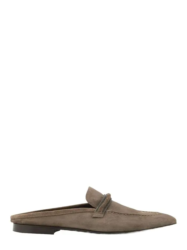 Brunello Cucinelli Suede Loafer Mules With Monili Strap - Torba