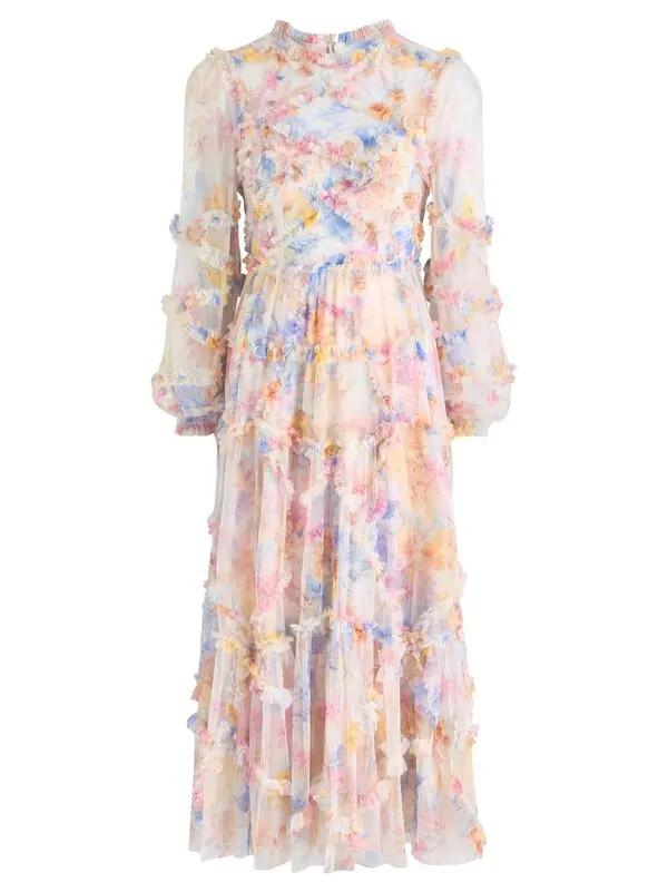 NEEDLE & THREAD Floral-embellished Tulle Midi Dress - Multicoloured