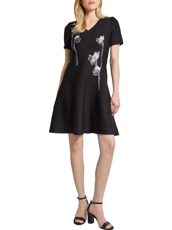 Misook Modern Fit & Flare Minidress With Embroidery - Black/ White
