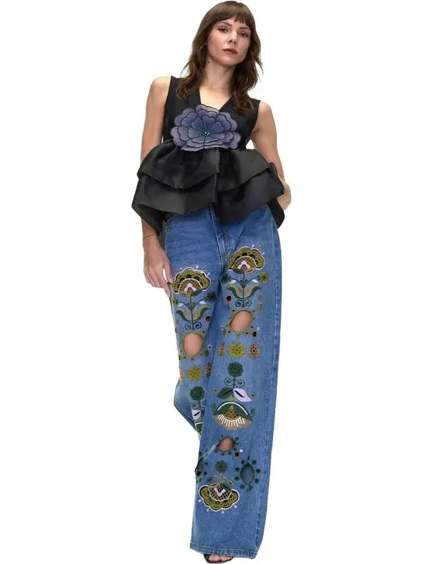 Cynthia Rowley Embroidered Wide-leg Jeans - Blue_multi