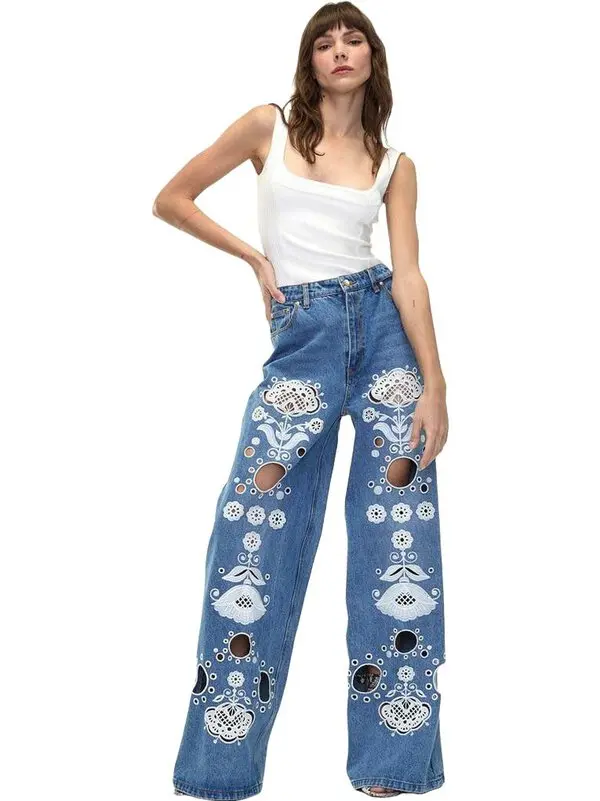 Cynthia Rowley Embroidered Wide-leg Jeans - Blue/white